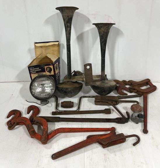 Tractor implement light, load binding tools, Bakelite steering wheel ...