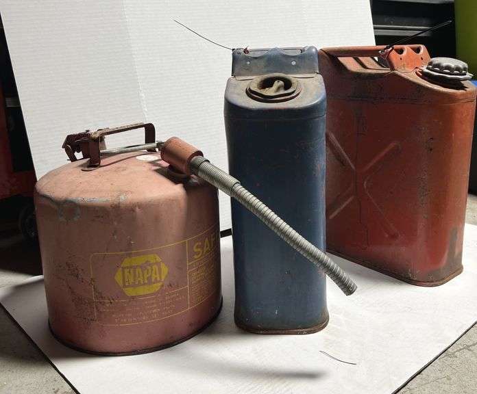 (3) 5-gallon steel gas cans/jugs, used, but still in decent condition ...