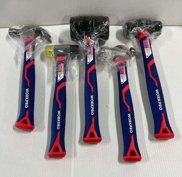 WORKPRO 5-piece hammer set, forged steel heads, fiberglass handles, includes: 32 oz. rubber ...