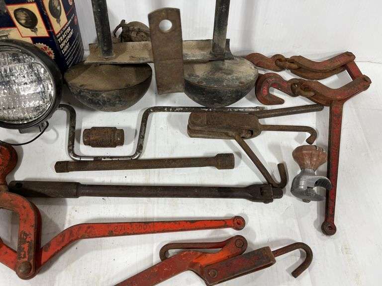 Tractor implement light, load binding tools, Bakelite steering wheel ...