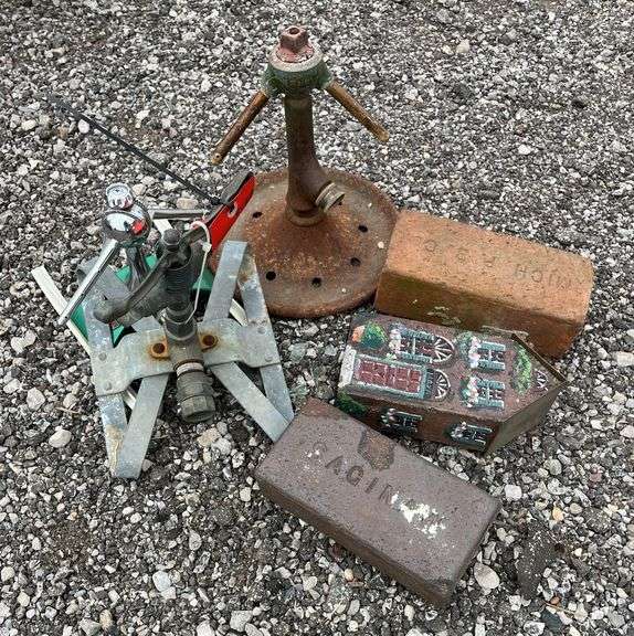 (3) Vintage yard sprinklers and (3) decorative bricks, hand painted ...