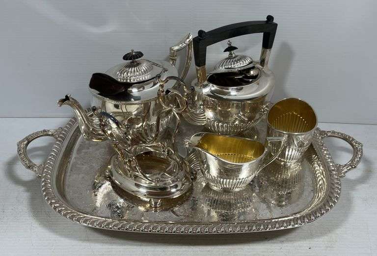 5-Piece silver-plated tea service set, includes: Kettle on stand, tea ...