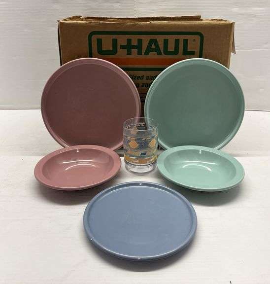 Older Dallas Ware Melamine plastic dishes, blue and pink in color ...