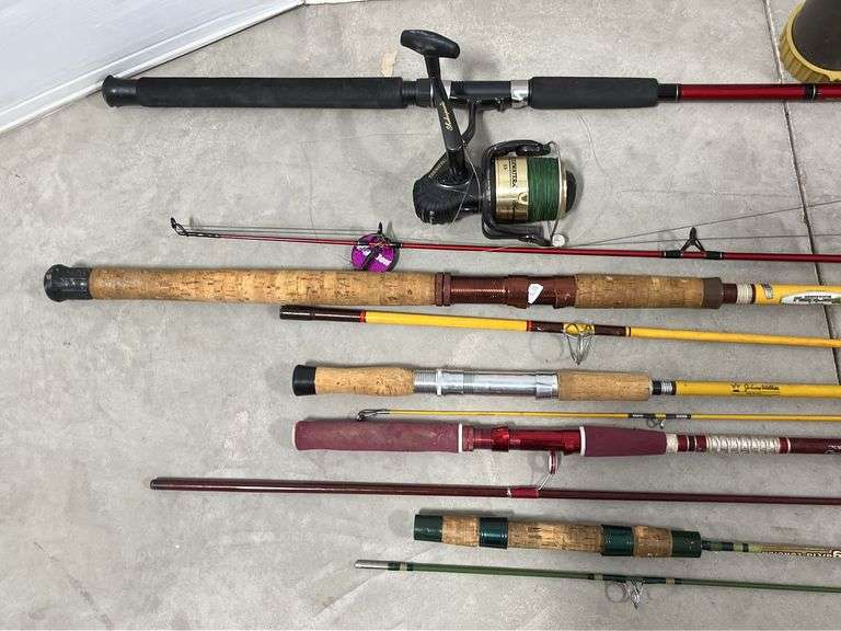 (5) Fishing rods, (3) reels, and (2) rod cases, good - Albrecht Auction ...