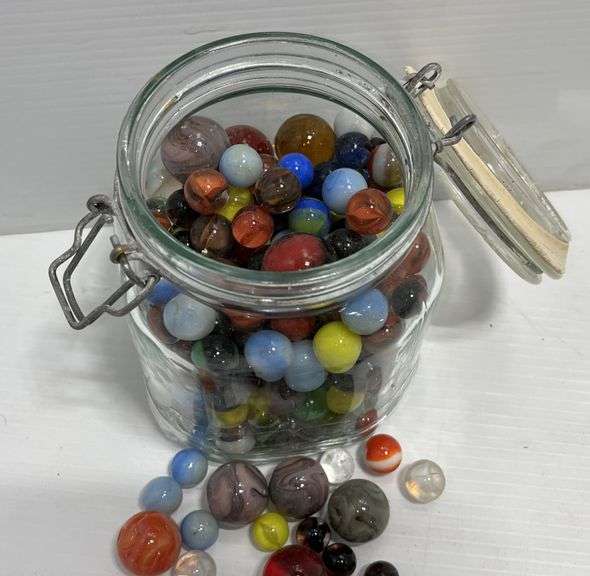 Jar of several hundred old marbles, jar- 6"H, many marbles are ...