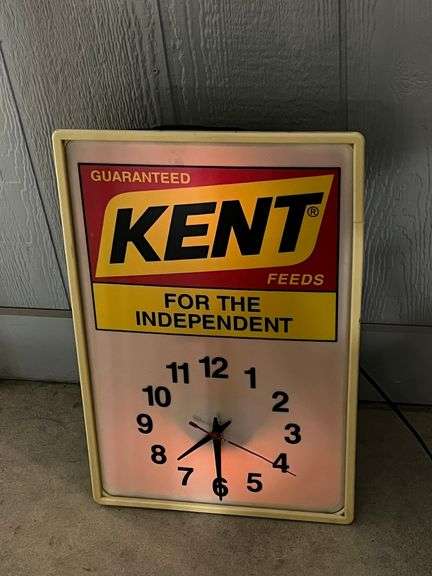 Kent Feeds clock, 14"W x 21"H - Albrecht Auction Service