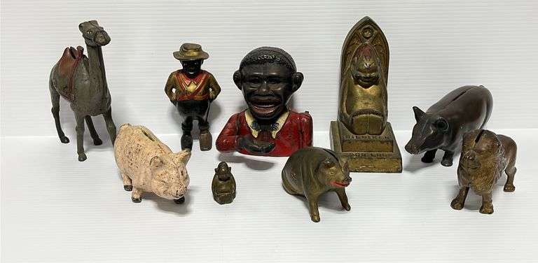 (8) Older cast iron still banks, include: Standing man statue, Red ...