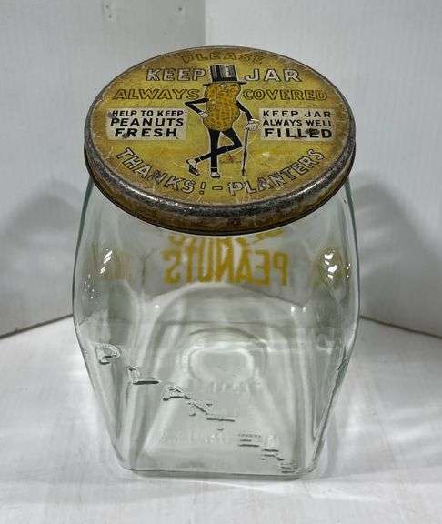 Antique Planters Peanuts glass retail store counter jar with tin litho ...