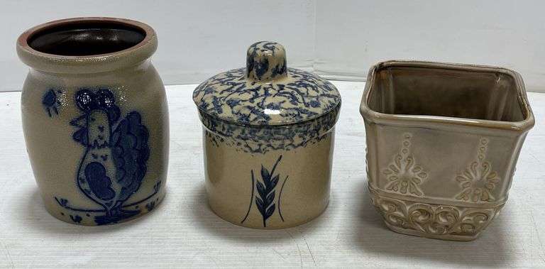 (3) Crock containers, includes: Garlic or butter dish with lid, 1-pint ...