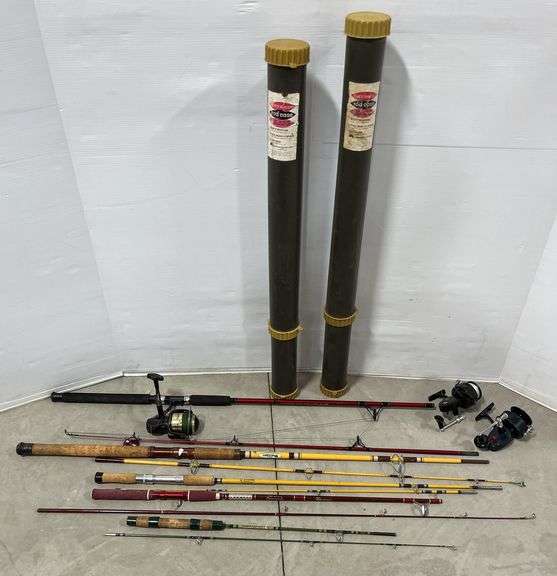 (5) Fishing rods, (3) reels, and (2) rod cases, good - Albrecht Auction ...