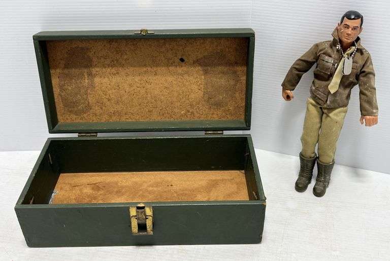 Vintage GI Joe 1960s foot locker with vintage GI Joe doll inside, 11 1/ ...