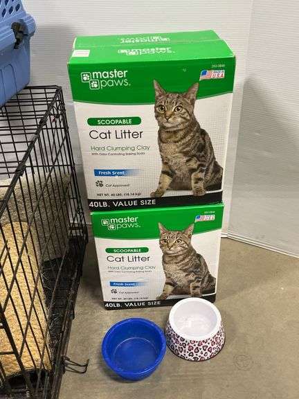 (2) 40 lb. boxes of cat litter, crate, carrying crate, (2) Litter boxes ...