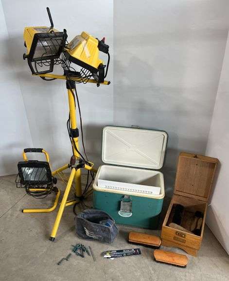 (2) Work lights, one as is; Older cooler; and Cobbler shoe shine set ...