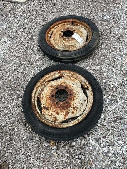 (2) Ford tractor front wheels with 4.00-19 tires, 6-lug rims, PTO shaft ...