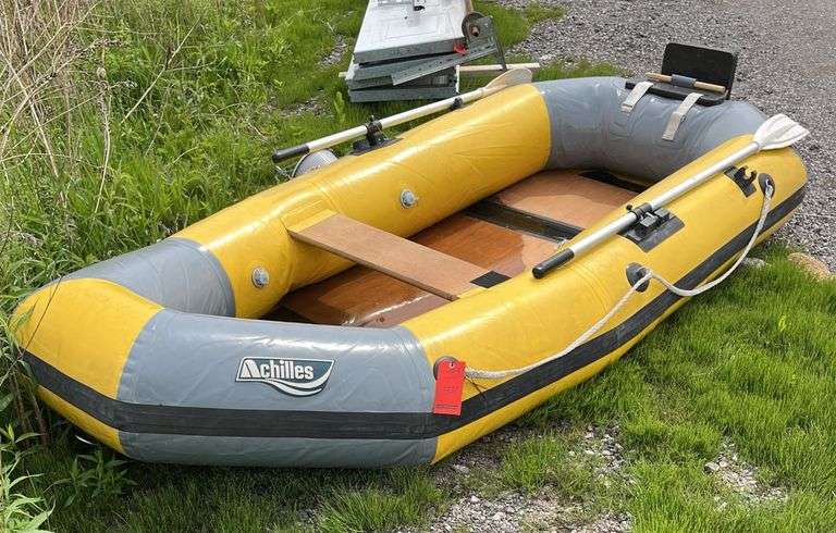 Achilles inflatable boat/dinghy, wood floor with motor mount and oars ...