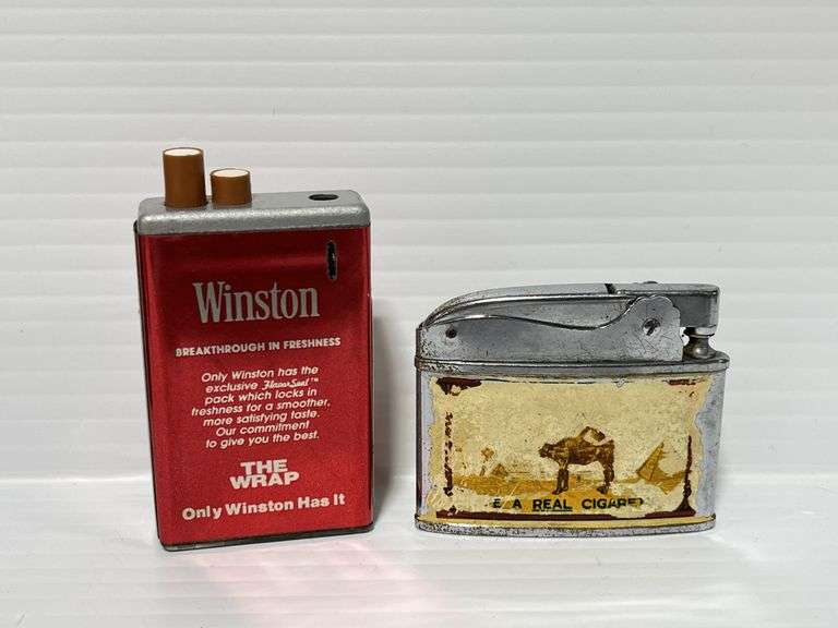 (4) Camel lighters, thermometer, and a Winston lighter, 5 3/4"W x 13 3/ ...
