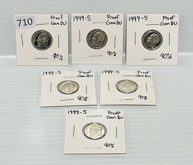 (6) 1999-S Silver dimes from bank roll, 90% silver, gem proof ...