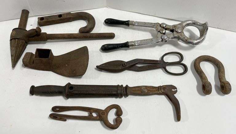 (7) Older farm tools, include: Pipe reamer, bull castration pliers, up ...