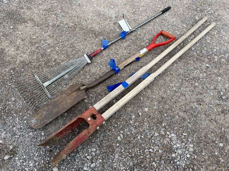 (3) Garden tools, includes: Post hole digger, rake, and drain spade ...