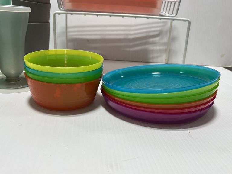 Plastic dishes for camping or picnics, include: (2) Turquoise big ...