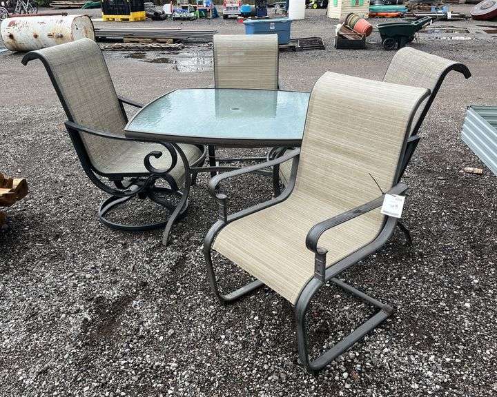 Square patio table with glass top, and (4) chairs, table- 42" x 42 ...