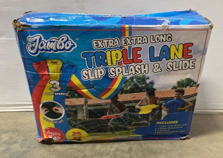 Jambo 25' extra long triple lane slip splash and slide, comes with slide, (3) bigger bodyboards ...