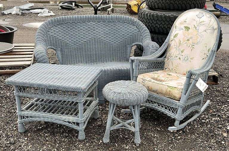Wicker furniture, includes: Rocker, table, footstool, and bench, heavy ...