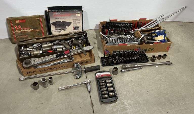 (2) Boxes of sockets, socket racks, torque wrenches, tool tray, and ...
