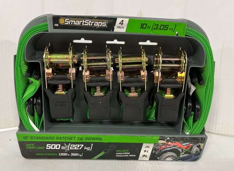 (4) Smart straps, 1" x 10', ratchet tie downs, safety green in color ...