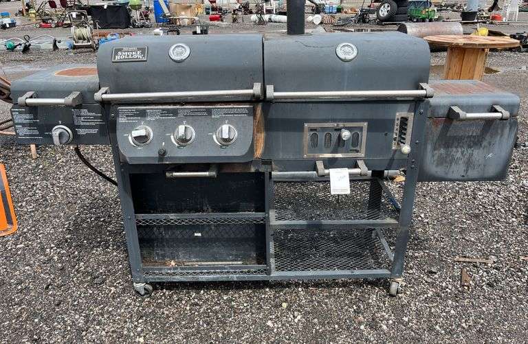 Large BBQ gas charcoal grill, 78"L overall x 22"W grill sections, used ...