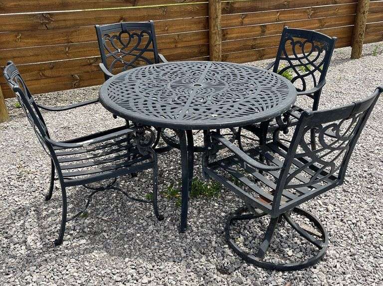 Aluminum outdoor table with (4) Matching chairs, 4' table, have wear ...