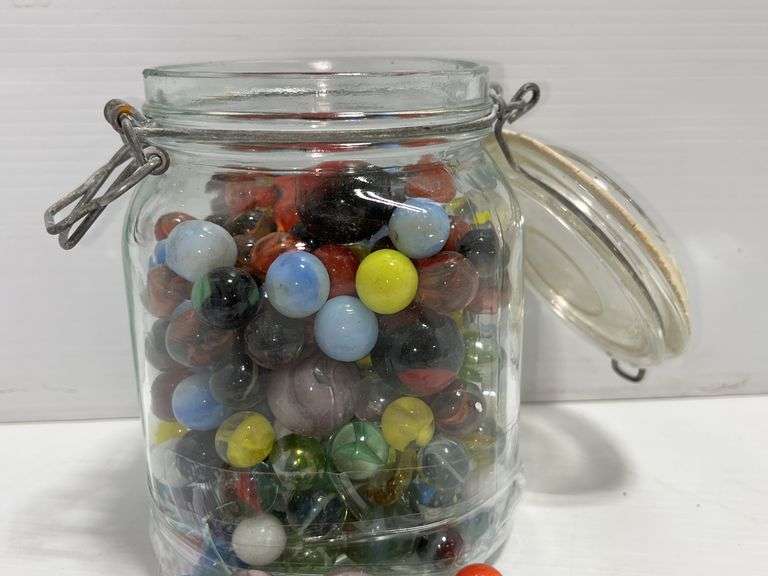 Jar of several hundred old marbles, jar- 6"H, many marbles are ...