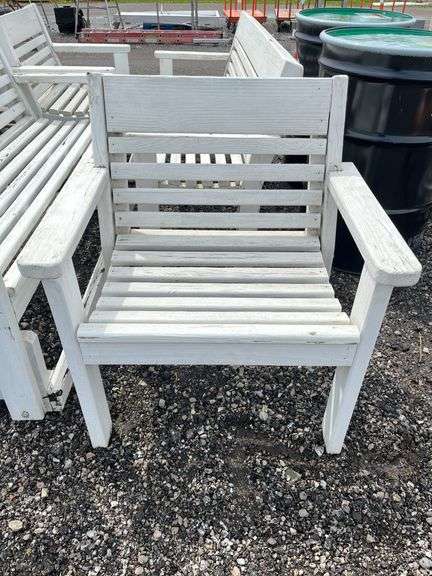 (2) Wood benches: 1- Glider/rocking bench style, both 5'L; (2) Chairs ...