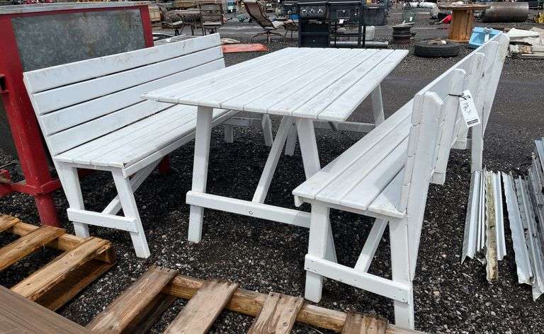 Wood table with (2) benches, table- 64" x 34 1/2", benches- 68 1/2"L ...