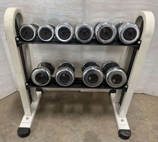 Dumbells and rack, includes: 5, 10, 15, 20, and 25 lbs., 32"W x 34"H ...