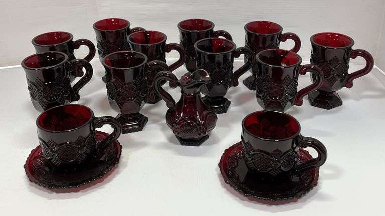 Avon Cape Cod ruby red items: (10) Pedestal mugs with handles; Cruet ...