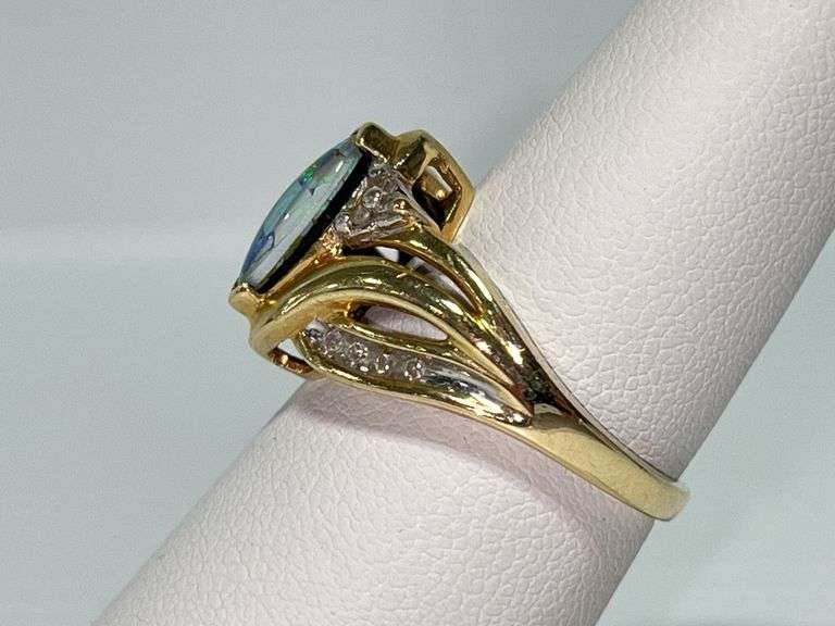 14K yellow gold mosaic opal diamond ring, size 7 1/2, Except where specifically noted, jewelry ...