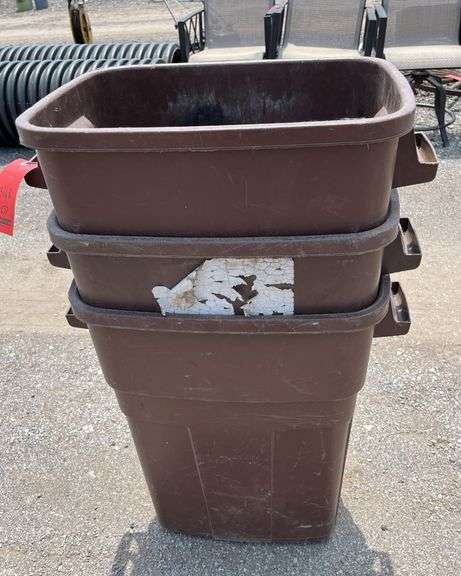 (3) Brown trash cans, 28"H, used - Albrecht Auction Service
