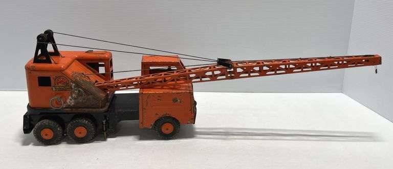 Vintage 1950s Marx Lumar Mobile Crane, orange and black, cranks, 32"L ...