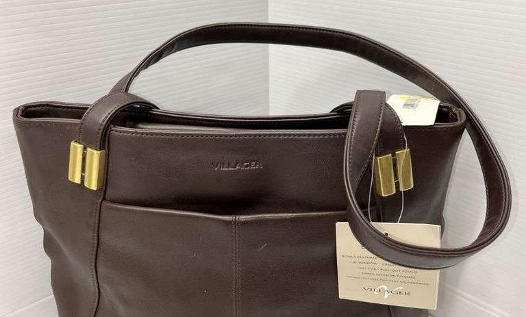Liz Claiborne "Villager" brown leather handbag purse, 12"W x 10 1/2"H ...