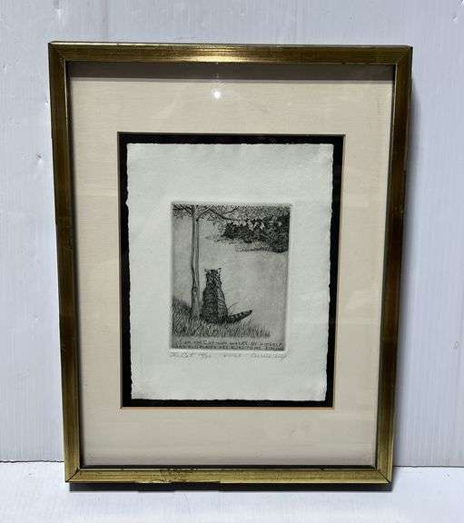 Signed numbered and dated 1965 "The Cat" artwork by Currie, 14" x 10 3/ ...