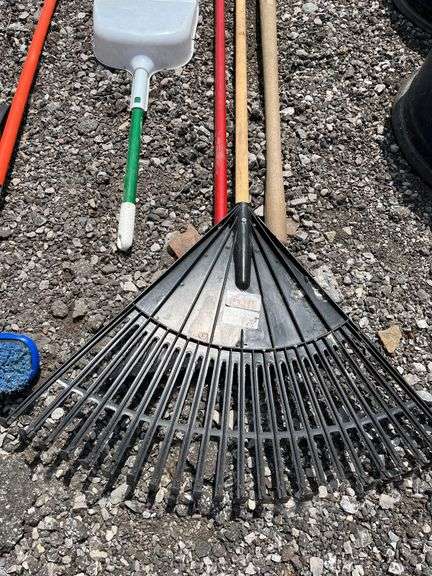 Dirt shovel, (2) House brooms, leaf rake, car wash brush, long handle ...