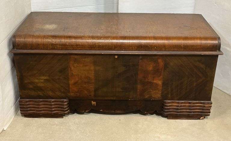 Antique red cedar chest, 47"W x 18 1/2"D x 22"H, some finish loss and ...