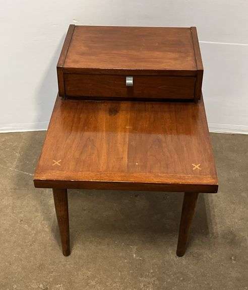 Mid-century modern pecan stained side table drawer circa 1959, 20"W x ...