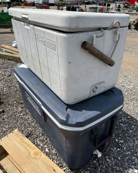 (3) Large coolers: 1- Dark blue Coleman, 1- Smaller blue Coleman, and 1 ...