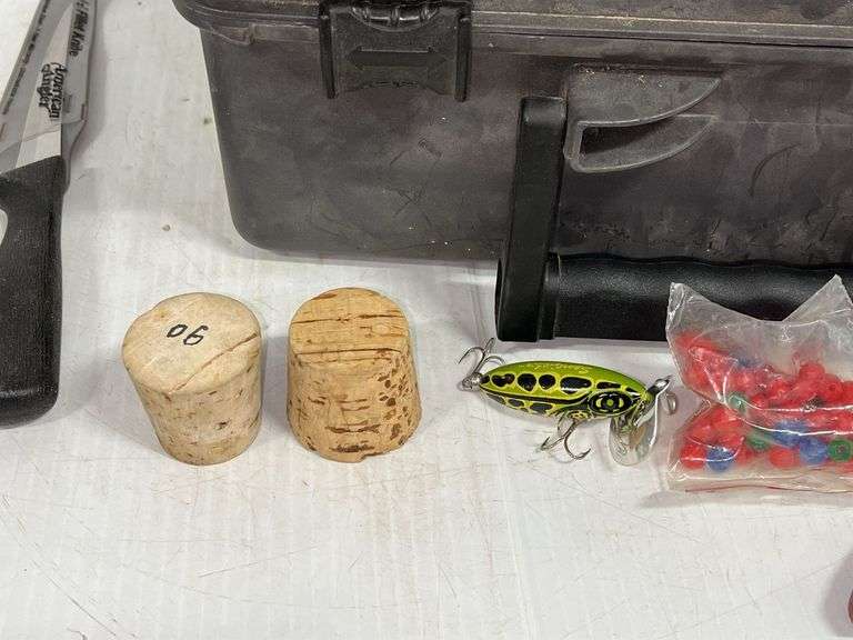 Loaded tackle box full of fishing tackle, including wooden lures, 15"W ...