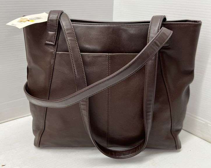 Liz Claiborne "Villager" brown leather handbag purse, 12"W x 10 1/2"H ...