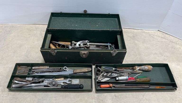 Toolbox with tools, 12"W, good, rusty - Albrecht Auction Service