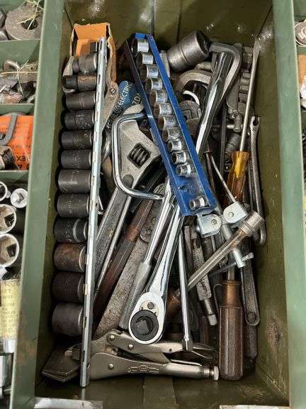 Older Simonsen tool box filled with sockets, SAE and metric, 1/2" drive ...
