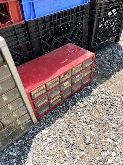 (3) Parts bins, complete, nice; (8) Heavy duty milk crates, nice ...
